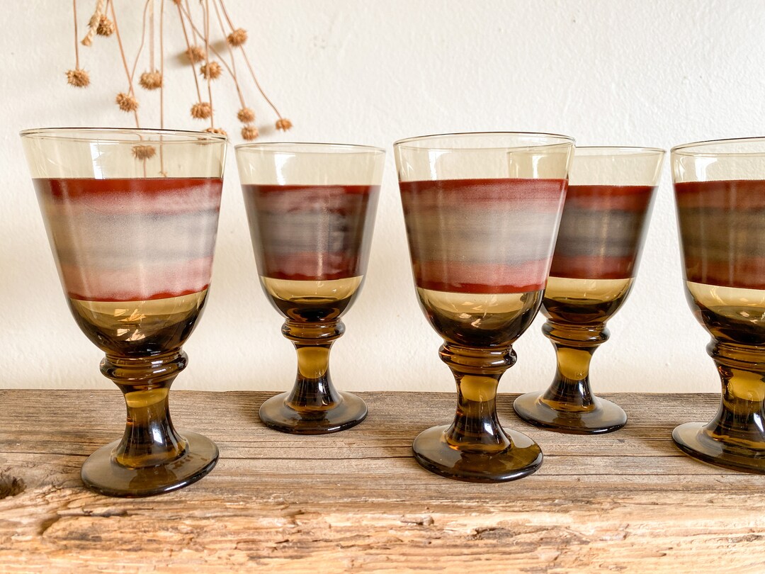 Vintage Brown Glass Goblets, Set of 6 Moody Maximalist Glassware ...