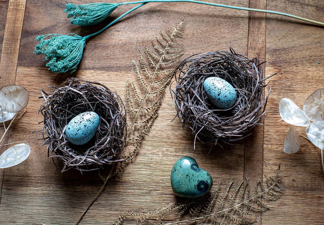 Set of 2 Hand Made Small Birds Nest With Faux Blue Eggs Rustic Home ...