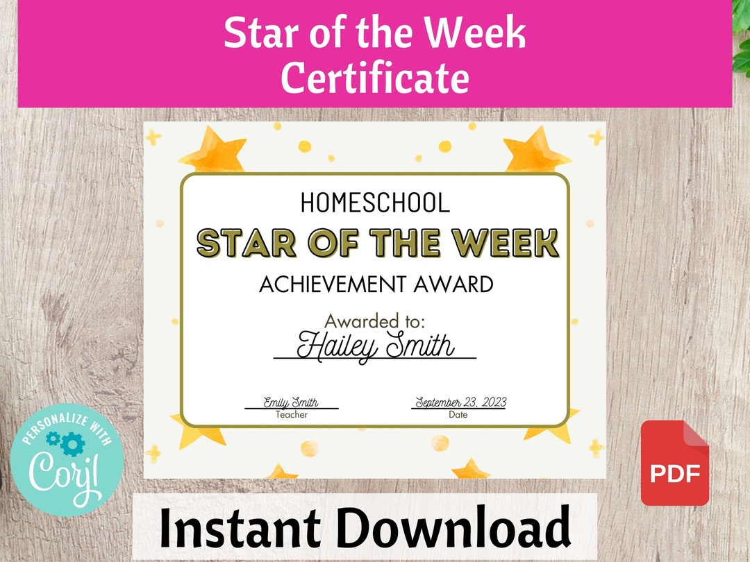 Star of the Week Certificate Homeschool Star Award Printable Teacher ...