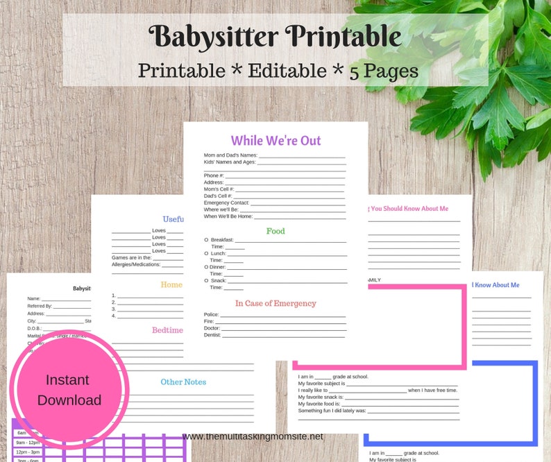 Babysitter Printable - Babysitter Info - INSTANT DOWNLOAD - Etsy