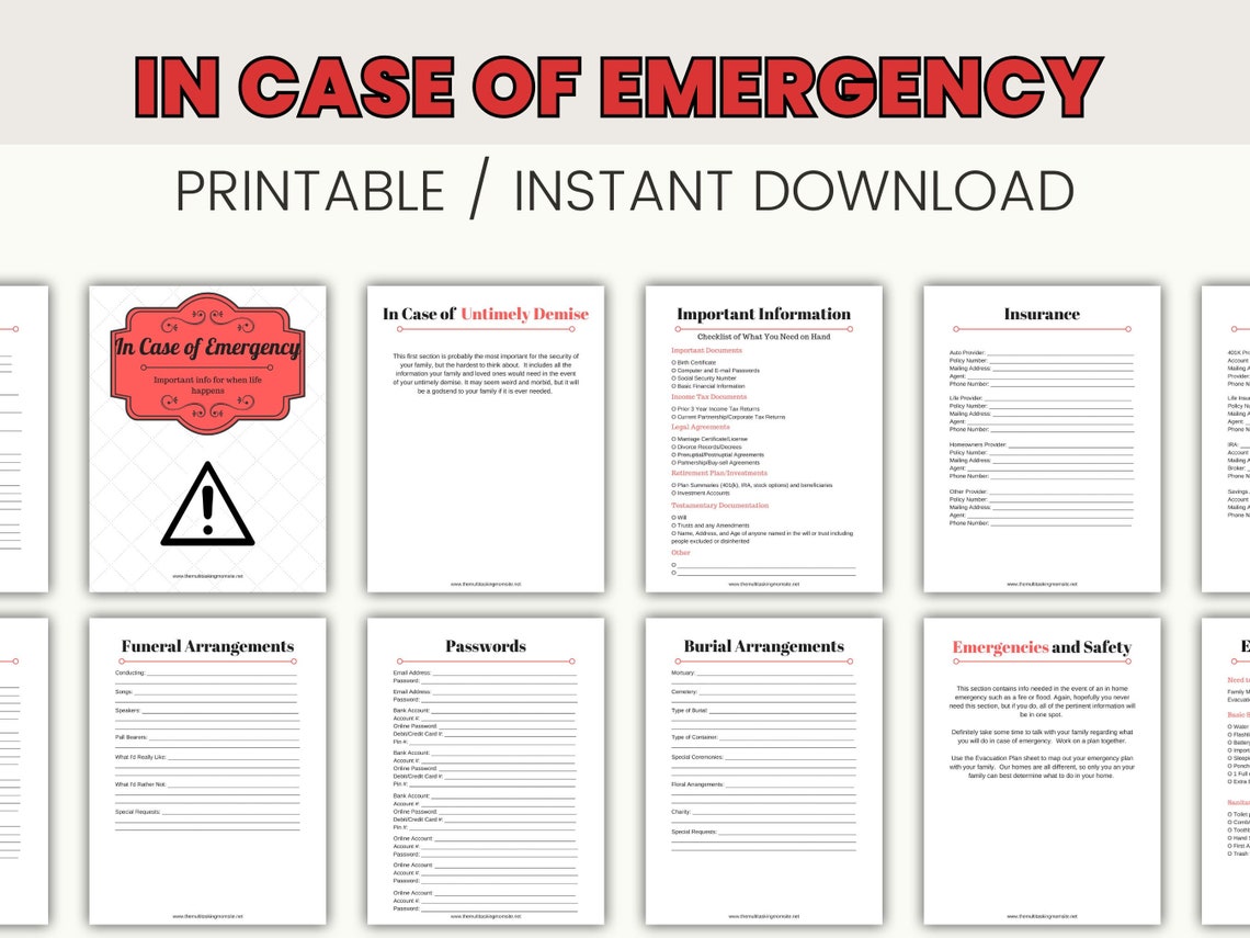In Case of Emergency Printable Household Management Instant Download ...