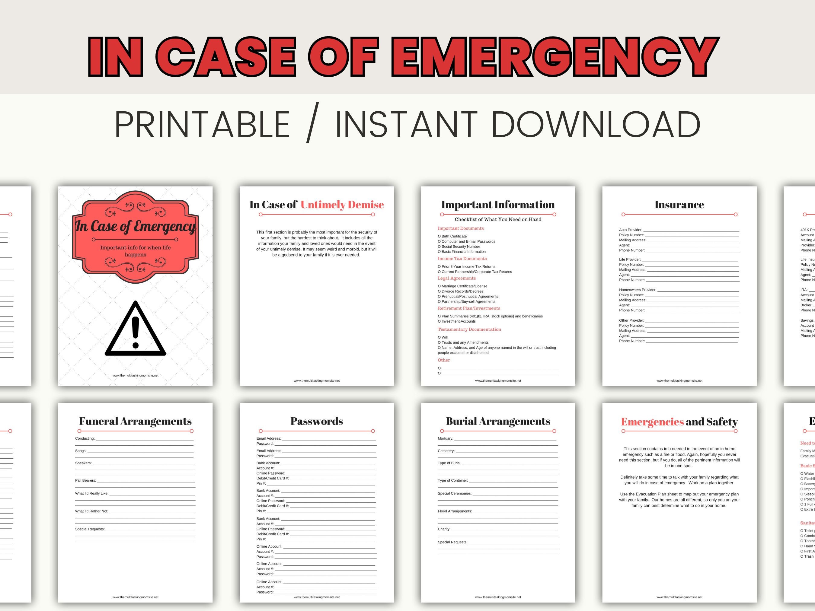 In Case of Emergency Printable Household Management Instant Download ...