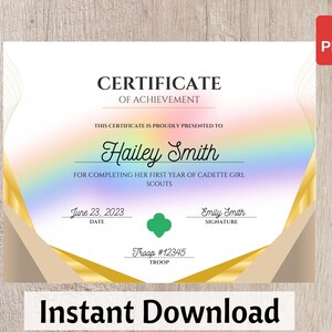 Cadette Girl Scout 1st, 2nd, and 3rd Year Certificate of Completion ...