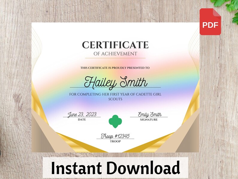 Cadette Girl Scout 1st, 2nd, and 3rd Year Certificate of Completion ...