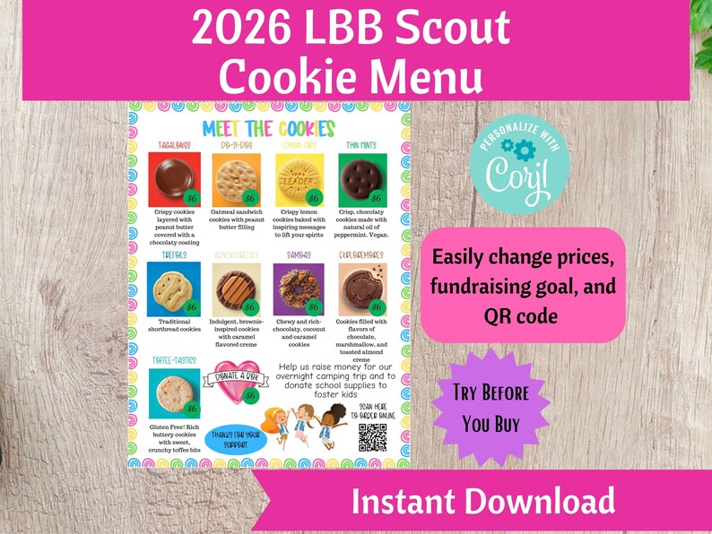 2026 LBB Scout Cookie Menu Sign | Scout Troop Organizer Printable Meet ...