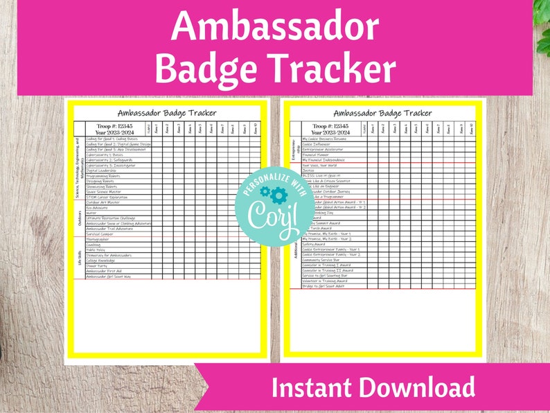Ambassador Badge Tracker Girls Scout Troop Organizer Printable - Etsy