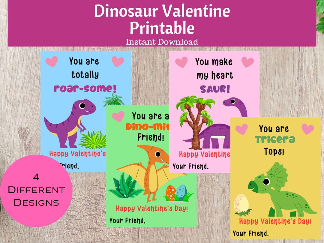Printable Classroom Valentine's Day Cards for Kids Dinosaur Valentine ...