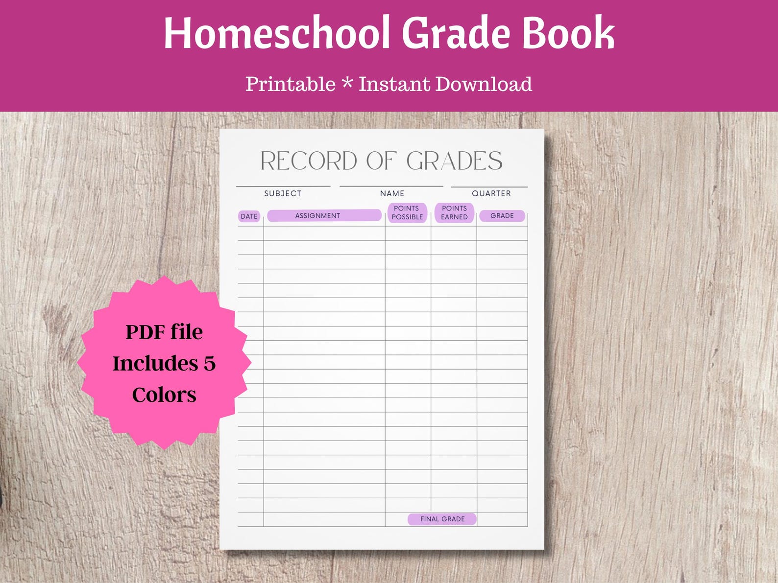 Printable Teacher Grade Book for Homeschool Record of Grades PDF ...