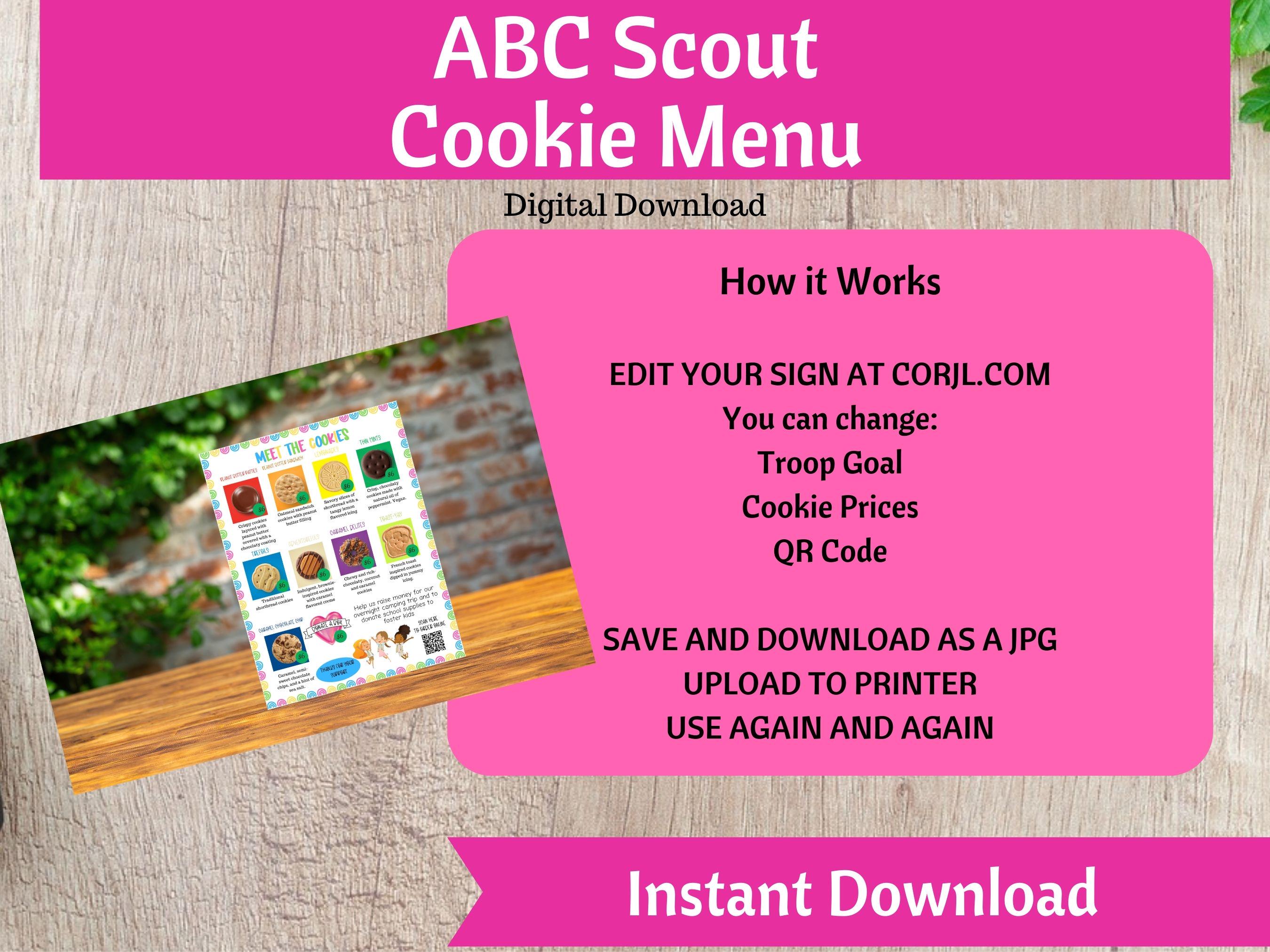 ABC Scout Cookie Menu Sign | Scout Troop Organizer Printable Meet the ...