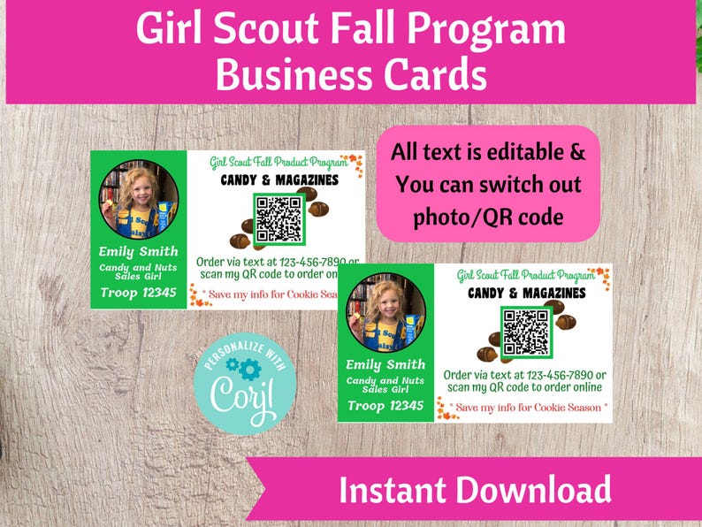 Girl Scout Fall Product Program Business Cards With QR Code Printable Business Card Instant ...