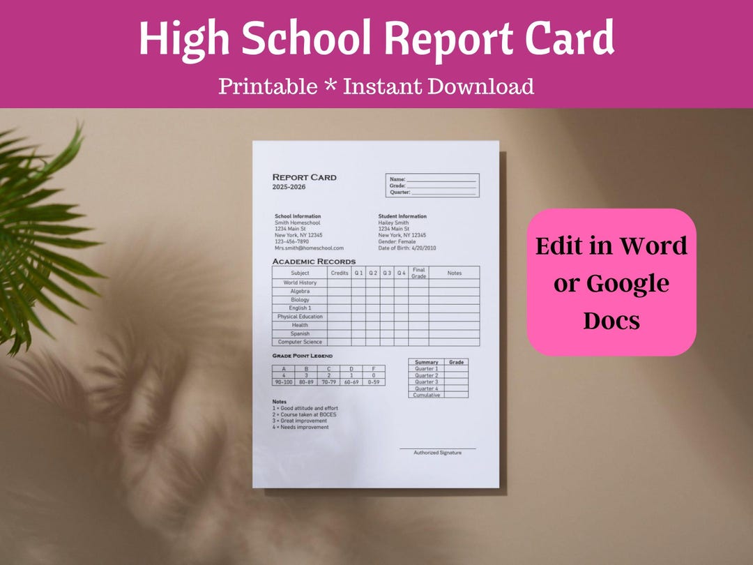 High School Report Card Template for Homeschool Printable Editable File ...