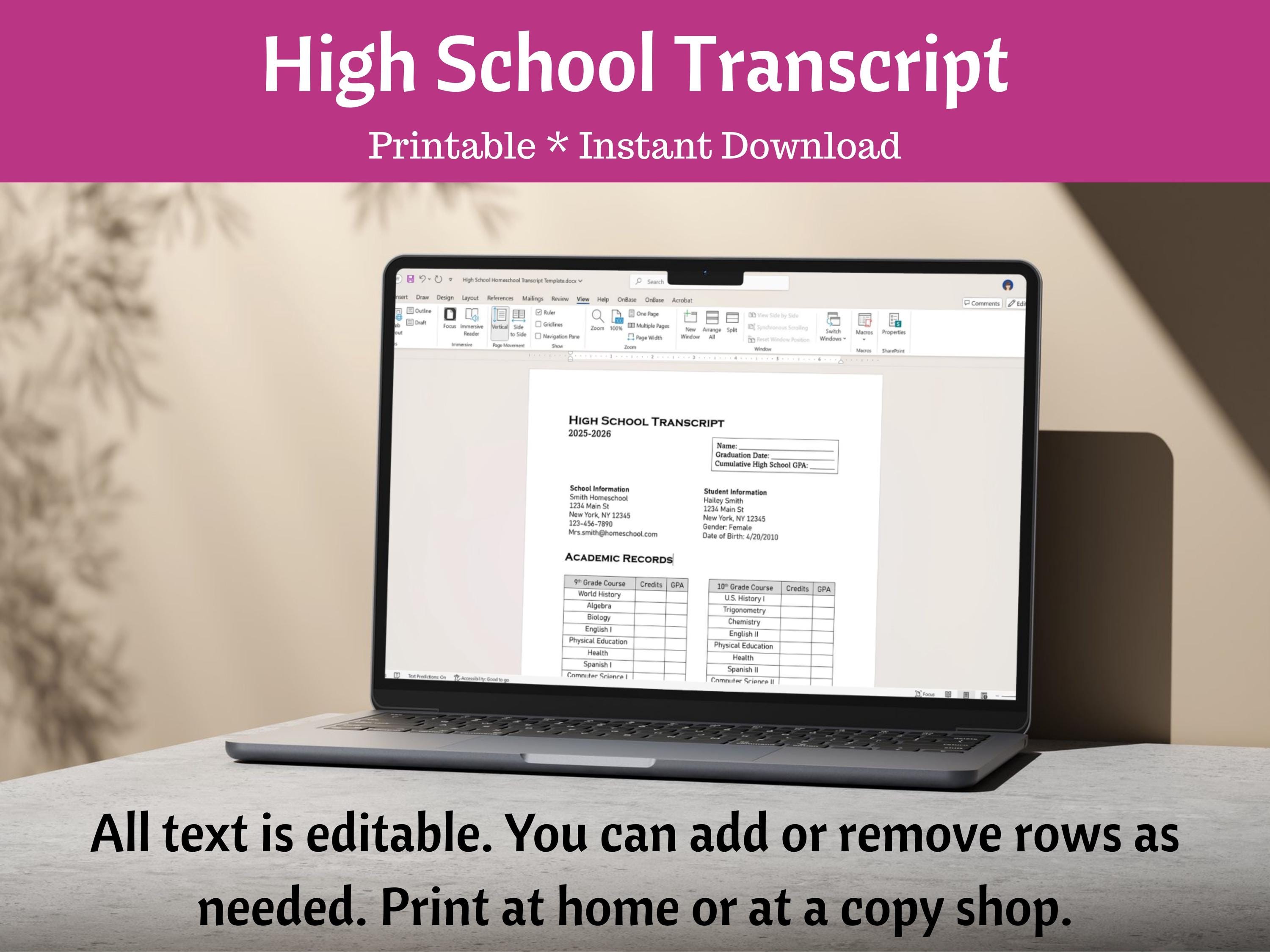 High School Transcript Template for Homeschool Printable Editable File ...