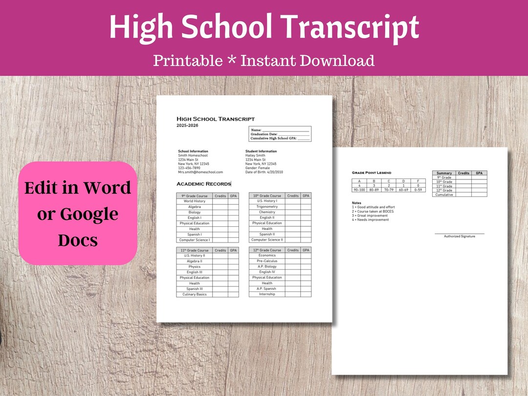 High School Transcript Template for Homeschool Printable Editable File ...