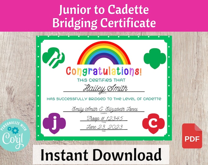 Girl Scout Bridging Certificate, Junior to Cadette Ceremony PDF Instant ...