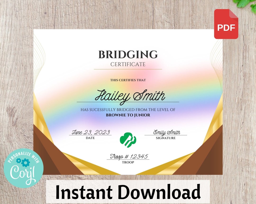 Brownie to Junior Bridging Certificate Girls Scouts Printable Instant ...