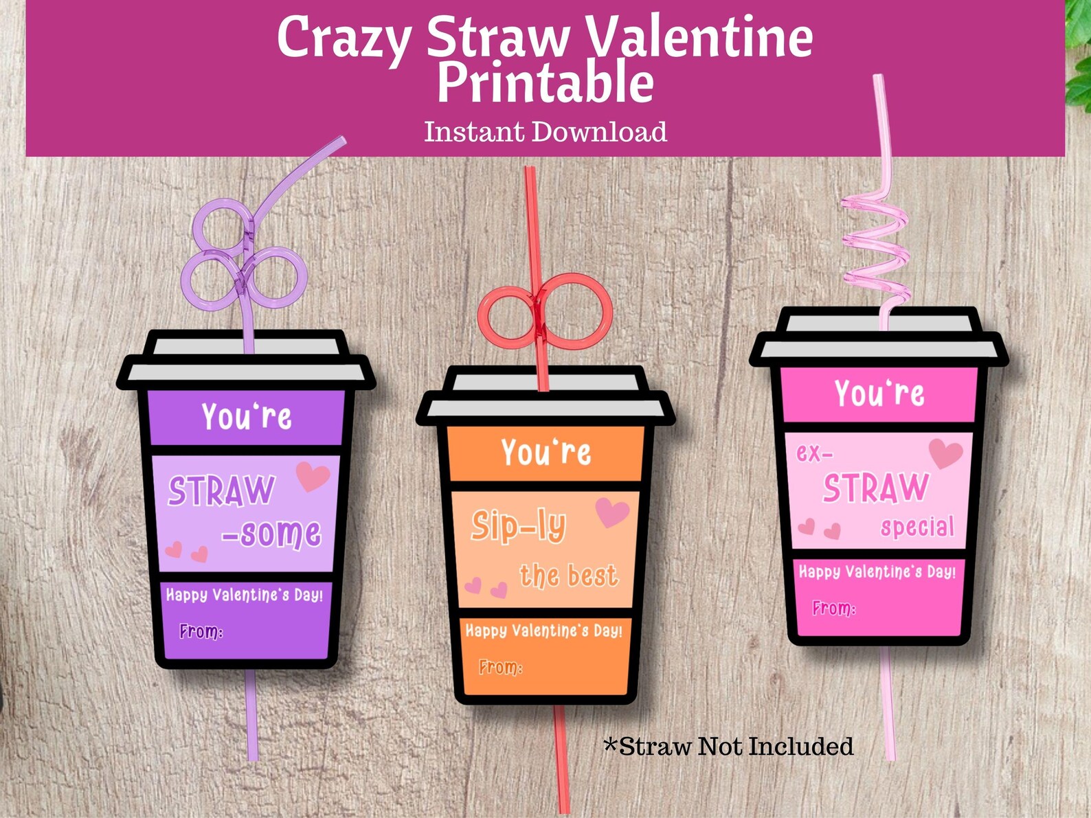 Printable Classroom Valentine's Day Cards for Kids Crazy Straw ...