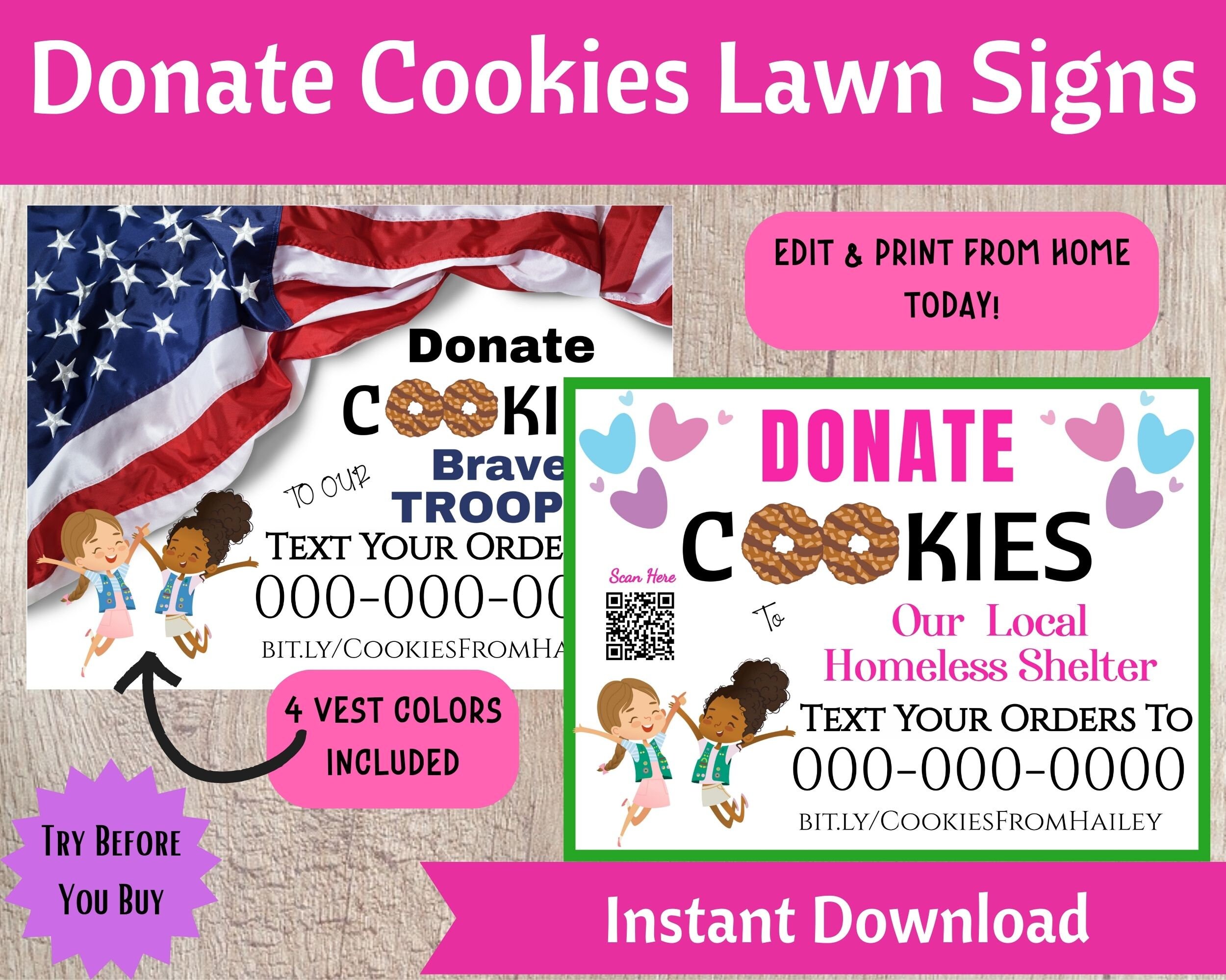 DONATE COOKIES Scout Cookie Printable 24"x18" Lawn Sign, Print Today - Etsy