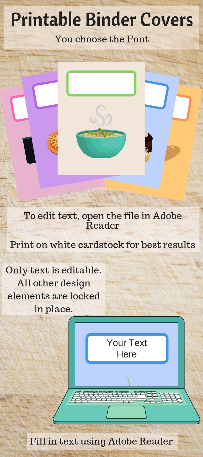 Cooking Printable Binder Covers for School Editable Home Office Binder ...