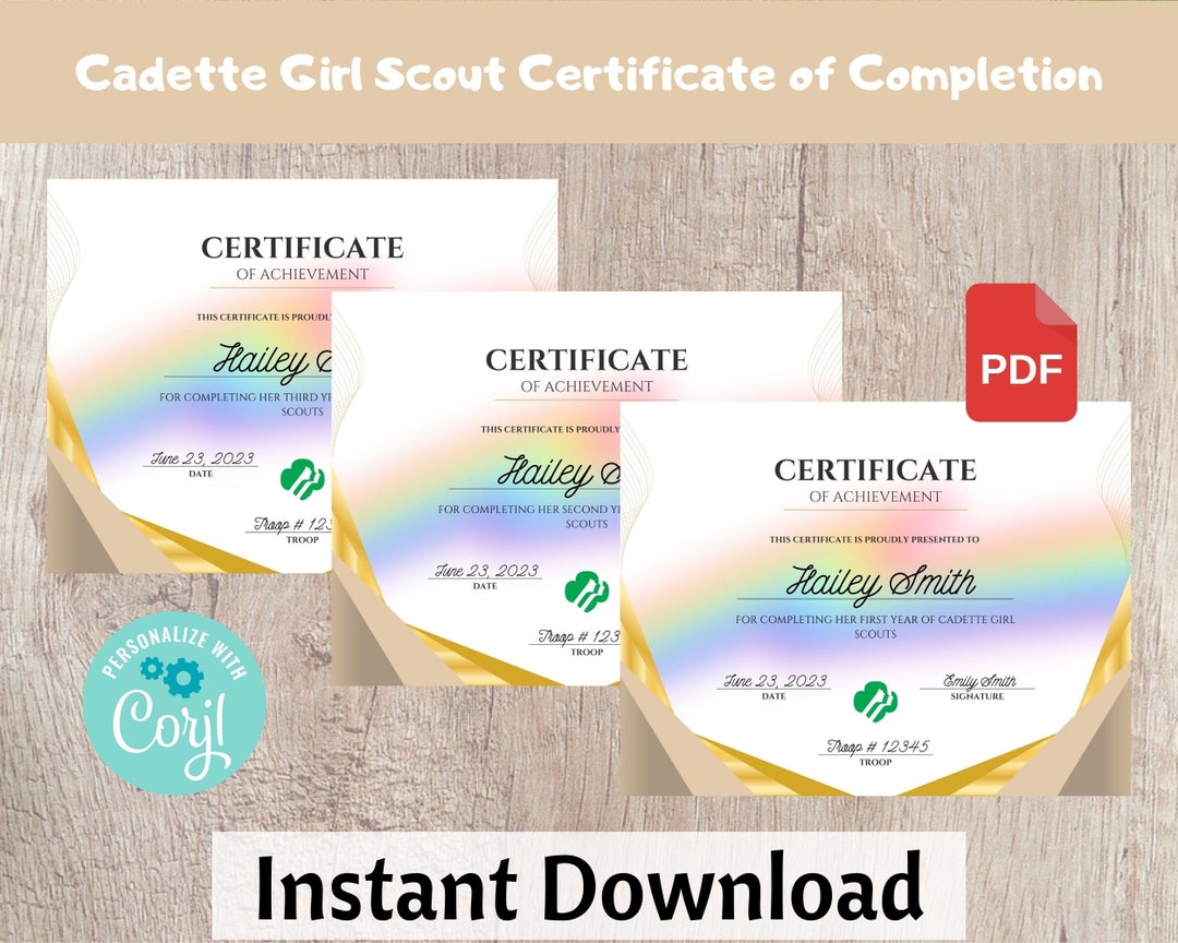 Cadette Girl Scout 1st 2nd and 3rd Year Certificate of - Etsy