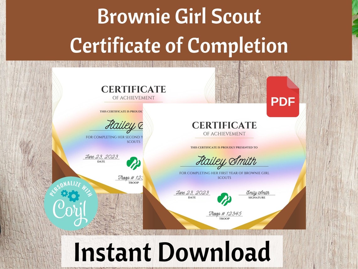Brownie Girl Scout 1st and 2nd Year Certificate of Completion ...