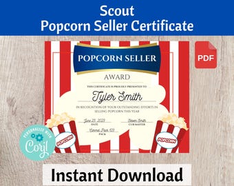 Cub Scout Popcorn Seller Award Certificate - Etsy