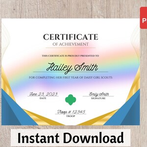 Daisy Girl Scout 1st and 2nd Year Certificate of Completion ...