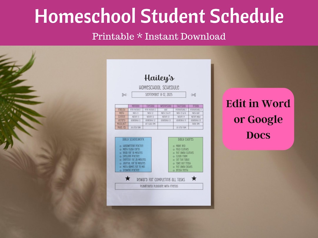 Homeschool Student Schedule Template for Homeschool Printable Editable ...