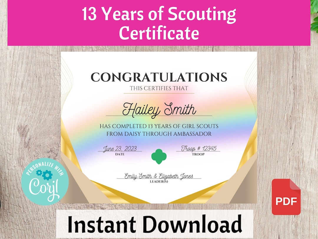 13 Years of Girl Scouts Certificate - Scouts Bridging Ceremony - Daisy ...