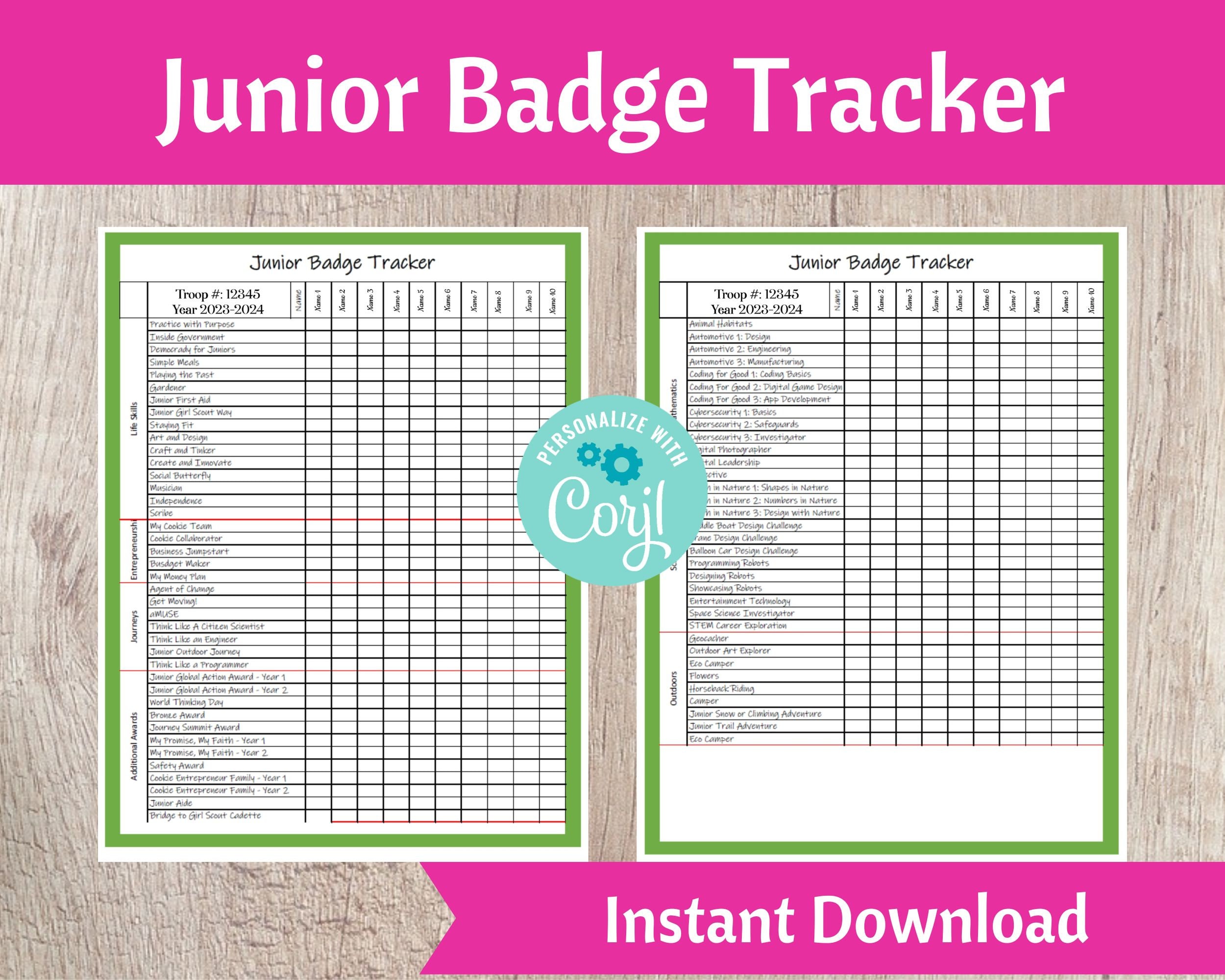 Junior Badge Tracker Girls Scout Troop Organizer Printable - Etsy