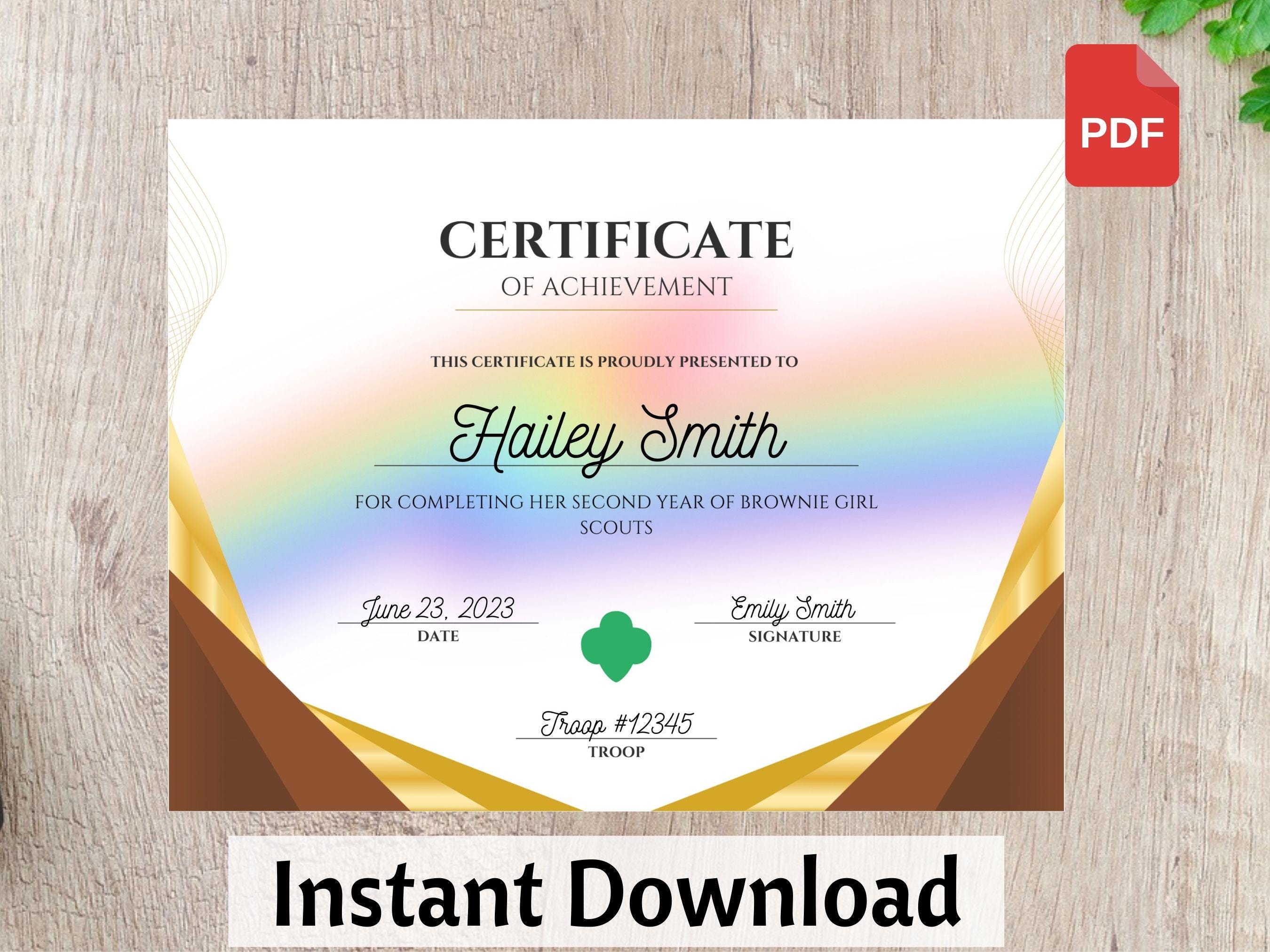 Brownie Girl Scout 1st and 2nd Year Certificate of Completion ...