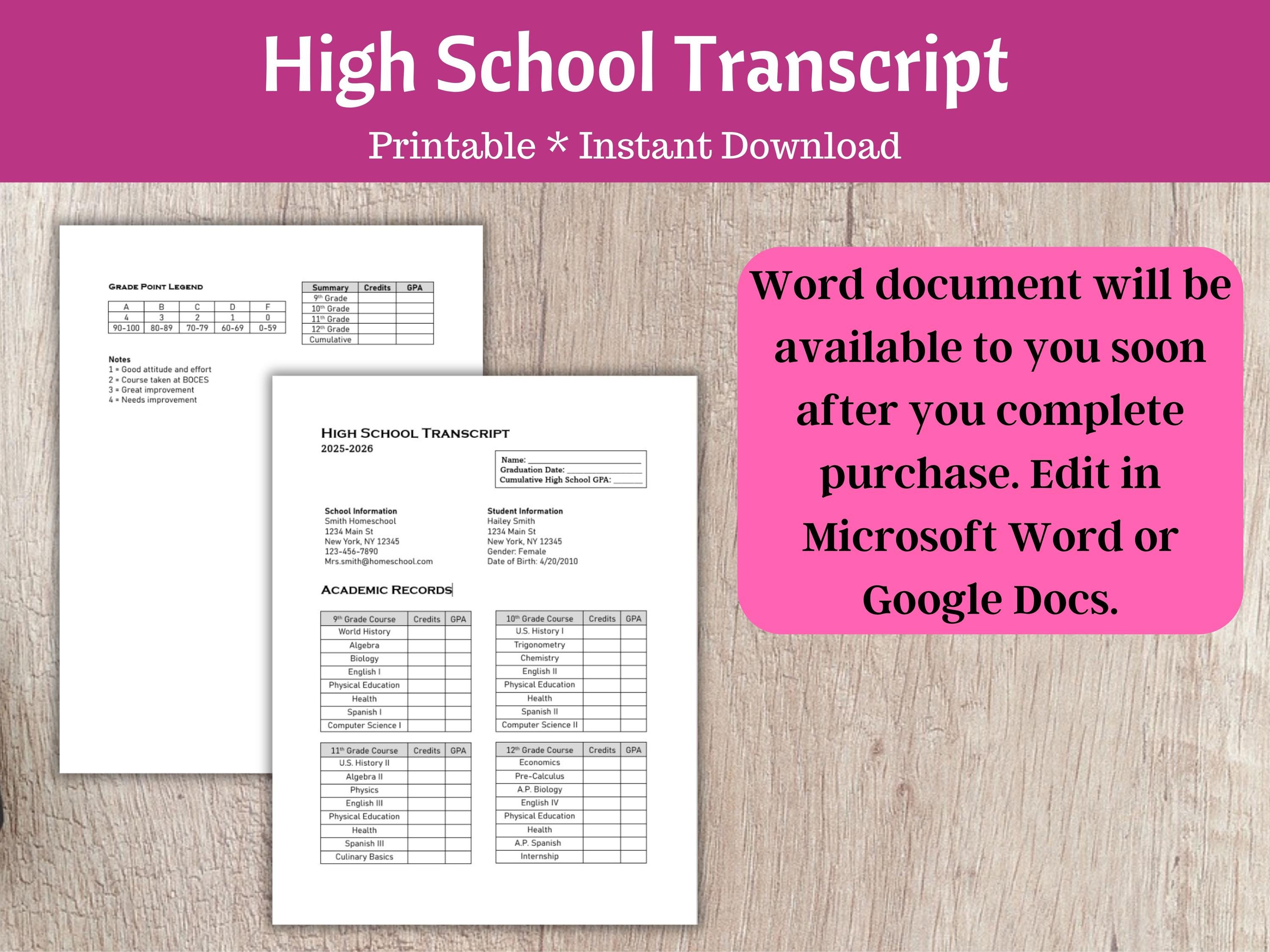 High School Transcript Template for Homeschool Printable Editable File ...