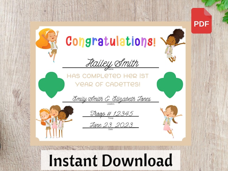 Cadette Scout 1st, 2nd and 3rd Year Certificate of Completion ...