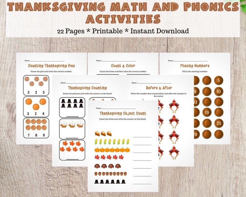 Thanksgiving Math and Phonics Activity Pages - Printable - Instant ...