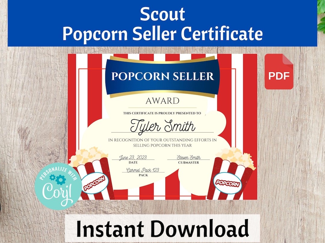 Scout Popcorn Seller Award Certificate - End of Year Ceremony Printable ...