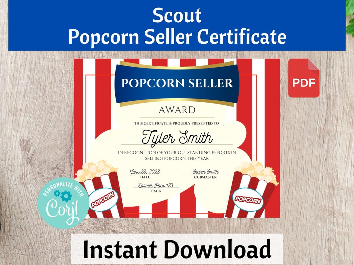 Scout Popcorn Seller Award Certificate - End of Year Ceremony Printable Pack Leader Den Resource ...