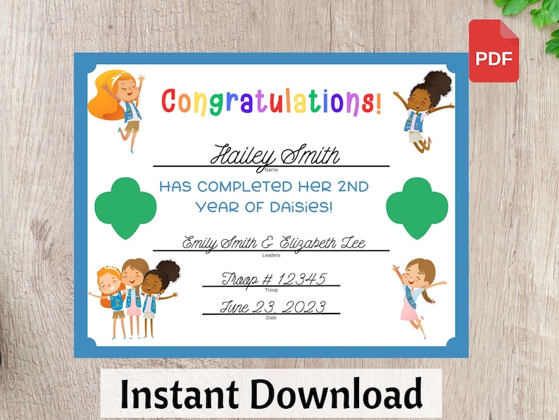 Daisy Scout 1st and 2nd Year Certificate of Completion, Investiture ...
