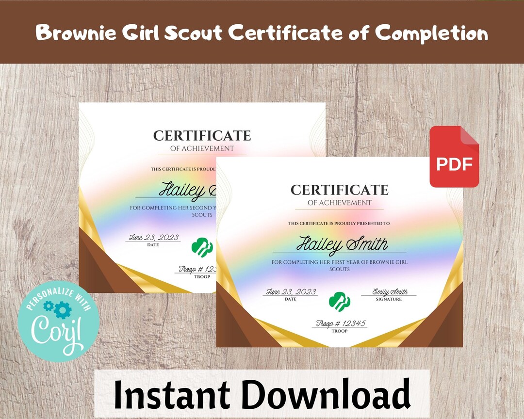 Brownie Girl Scout 1st and 2nd Year Certificate of Completion ...