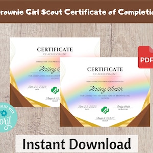 Brownie Girl Scout 1st and 2nd Year Certificate of Completion ...
