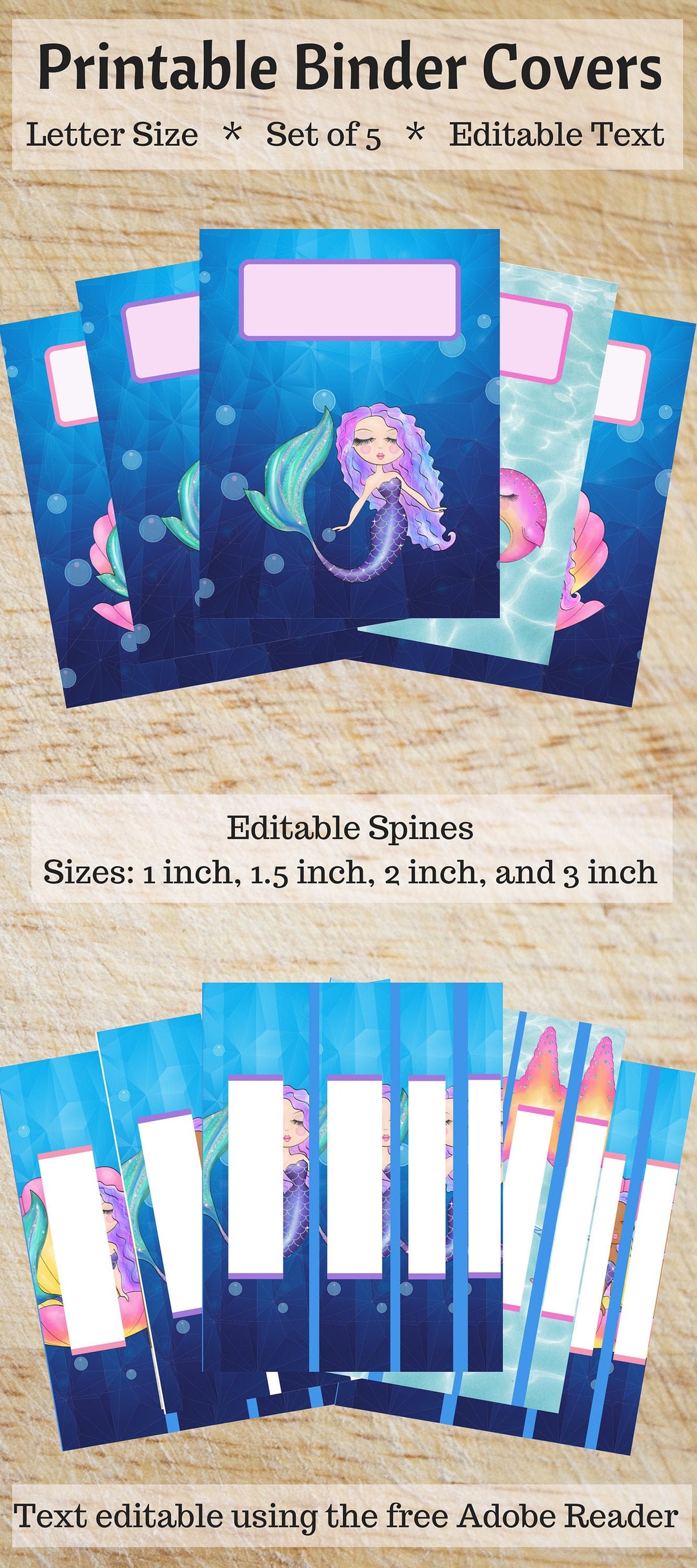 Mermaid Printable Binder Covers for School Editable Home Office Binder ...