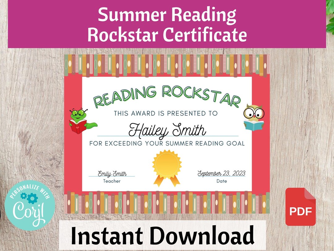 Summer Reading Rockstar Certificate Homeschool Reading Award Printable ...