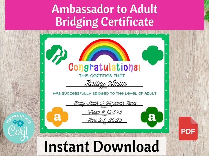 Ambassador to Adult Bridging Certificate Girls Scouts Bridging Ceremony ...