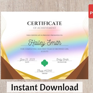 Brownie Girl Scout 1st and 2nd Year Certificate of Completion ...