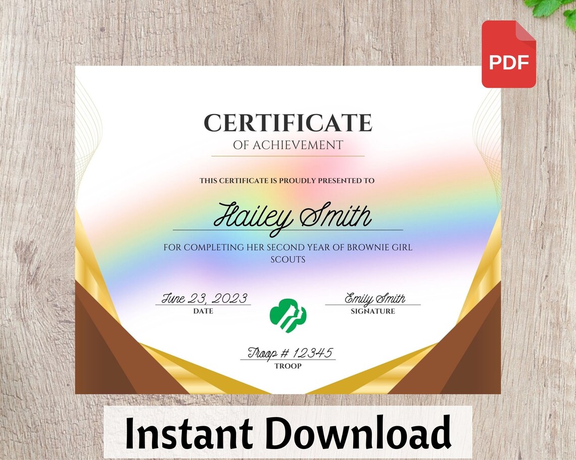 Brownie Girl Scout 1st and 2nd Year Certificate of Completion ...