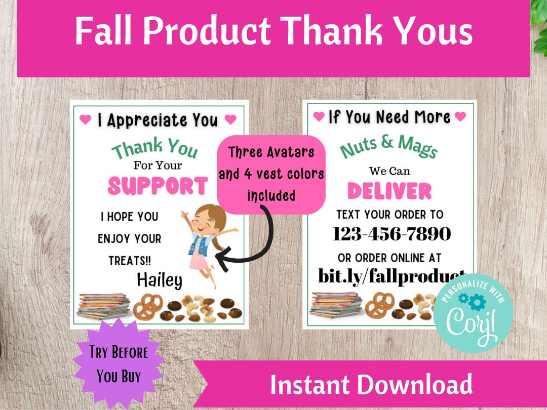 Scout Fall Product Sale THANK You Tags, Several Avatars to Choose From ...