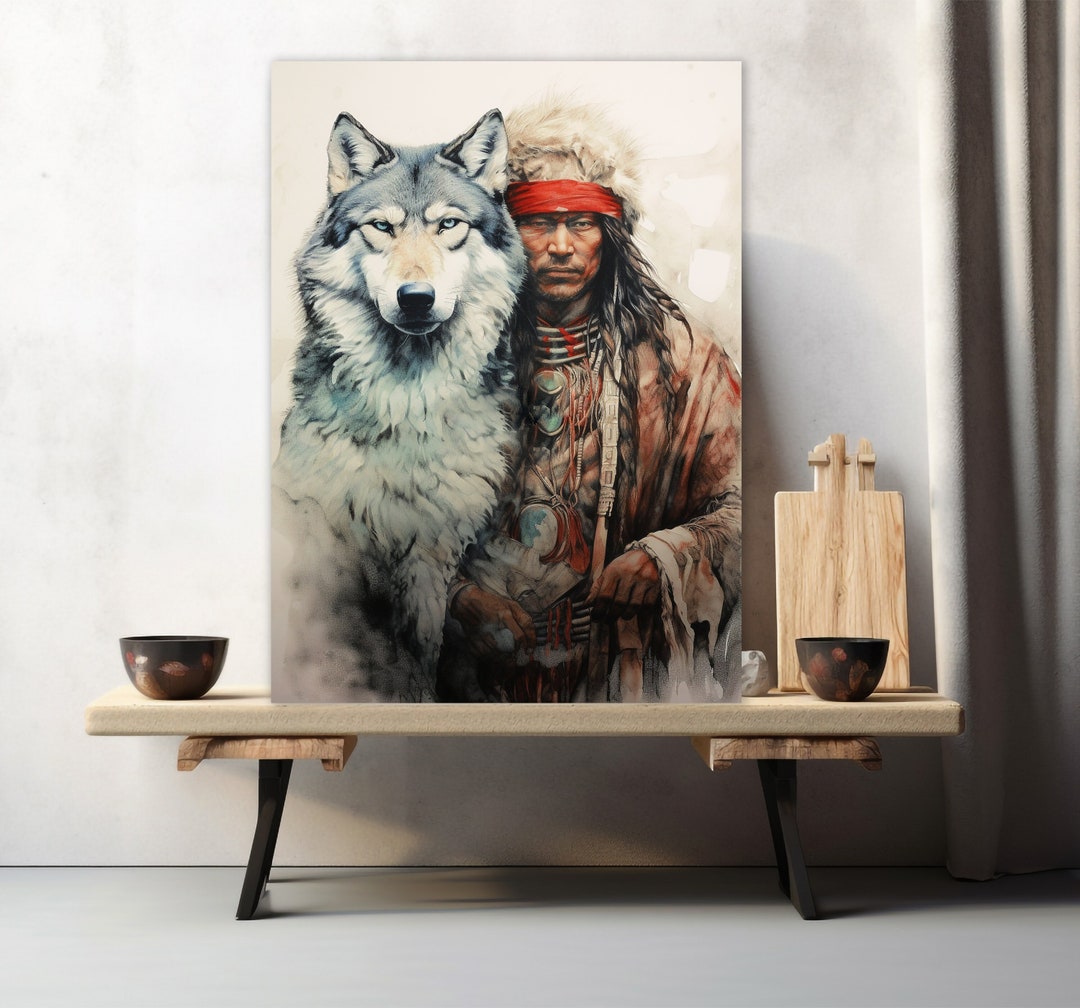 Native Man & Wolf, Art Print or Canvas, Native American Art, Wolf Art ...