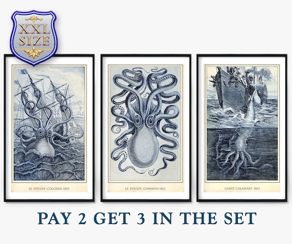 Set of 3 Sea Monsters Giant Squid Octopus Kraken Giclee Print - Etsy
