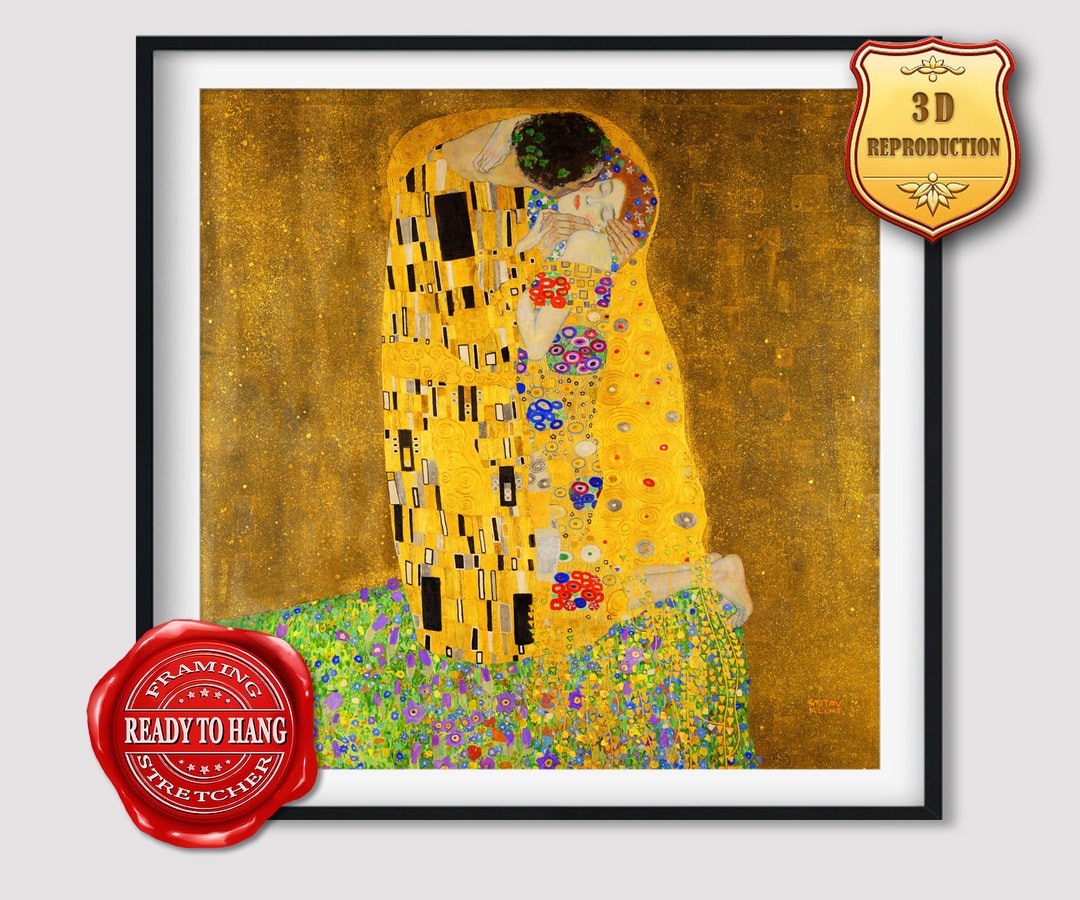 Gustav Klimt the Kiss Print, Texture Gel Reproduction, Framed Canvas ...