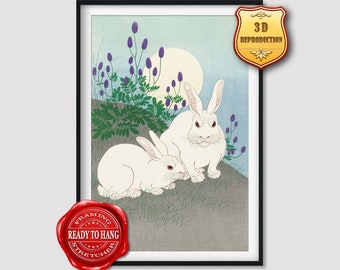 Japanese Rabbit Print Rabbit and Full Moon Rabbit in the - Etsy