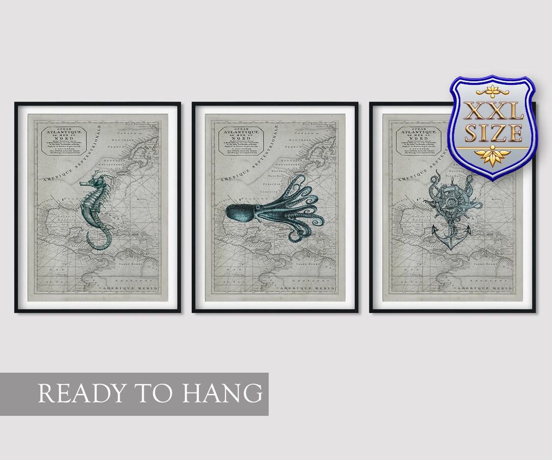 Set of 3 Seahorse Octopus Ship Wheel Giclee Print Reproduction Painting ...