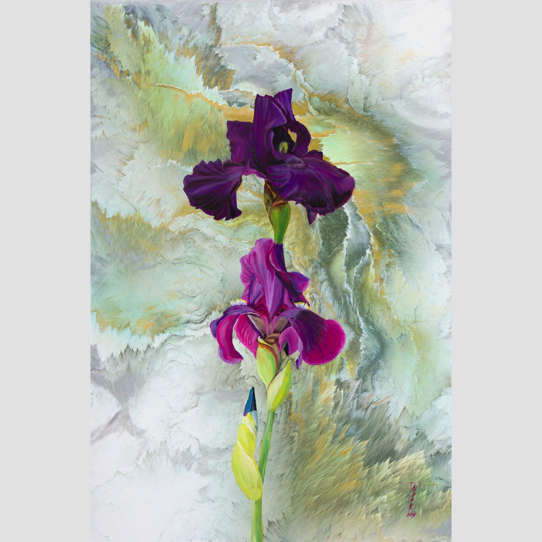 Purple Iris. Series Over the Abyss 65x100sm Original Painting Acrylic Botanic Painting Cotton ...